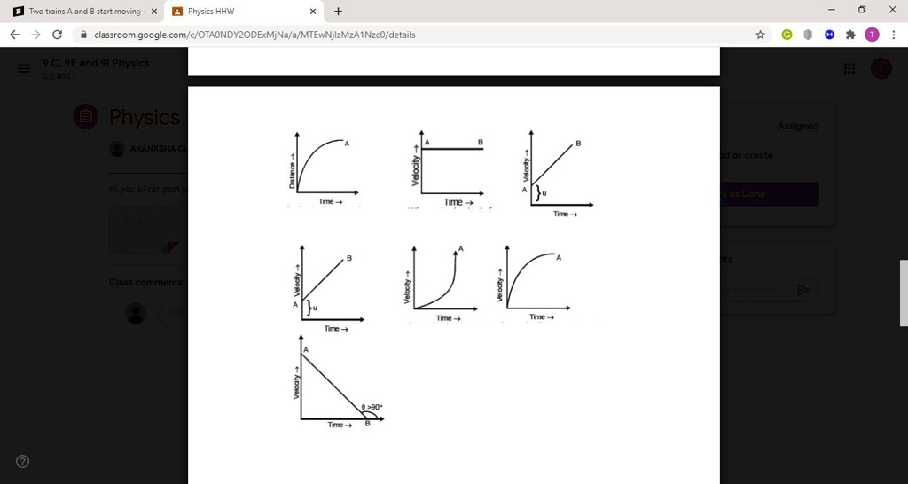 Two trains A and B start moving Physics HHW classroom.google.com/c ...