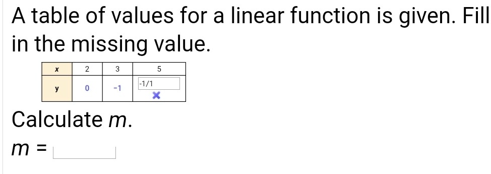 SOLVED: A table of values for a linear function is given. Fill in the missing value. Calculate m m
