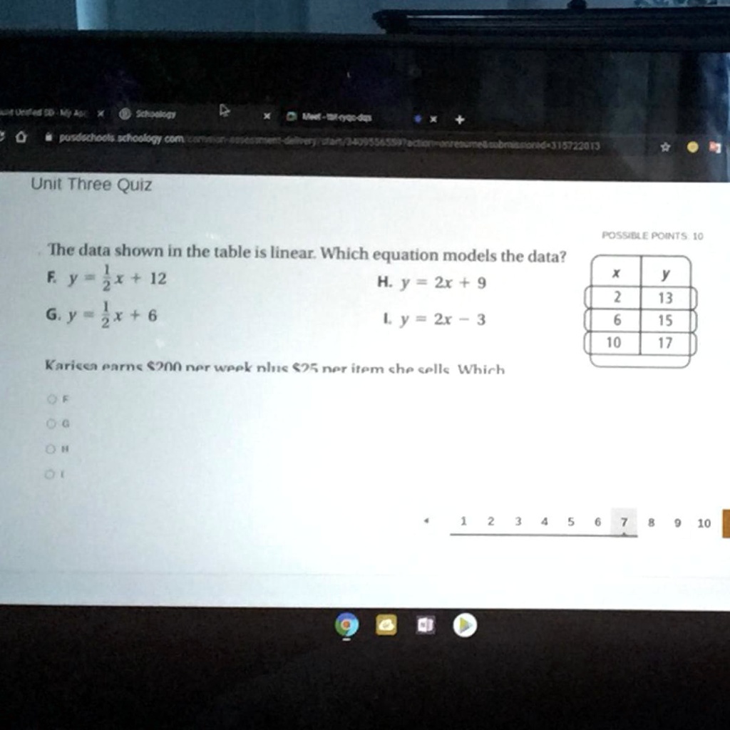 SOLVED: 'The data shown in the table is linear. Which equation models the data? Unit Three Quiz ...