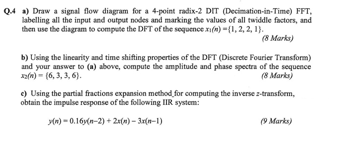 Q.4 a Draw a signal flow diagram for a 4-point radix-2 DIT Decimation-in-Time FFT labelling all ...