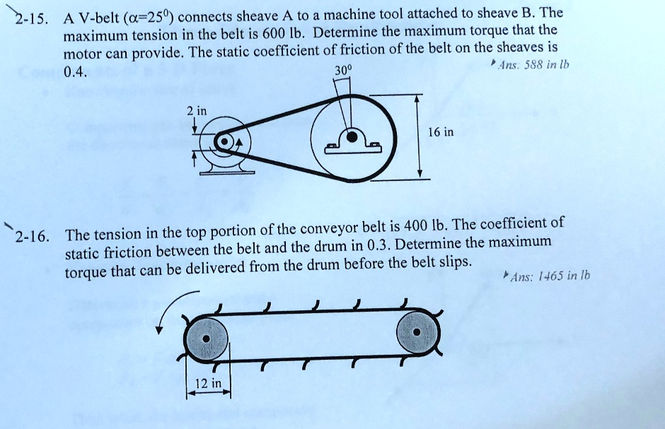 2-15. A V-belt (α=25°) connects sheave A to a machine tool attached to ...
