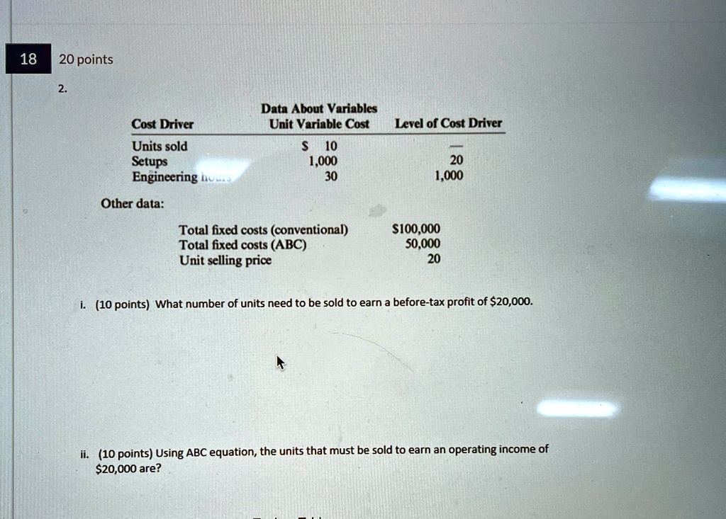 18 20 points 2. Cost Driver Units sold Setups Engineering hours Data ...