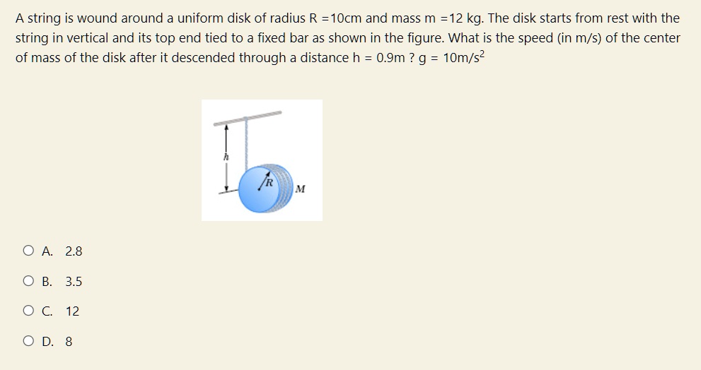 a string is wound around a uniform disk of radius r 1ocm and mass m 12 kg the disk starts from ...