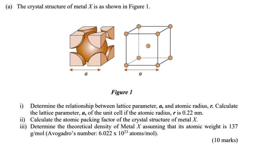 SOLVED: (a) The crystal structure of metal X is as shown in Figure 1. Figure i) Determine the ...