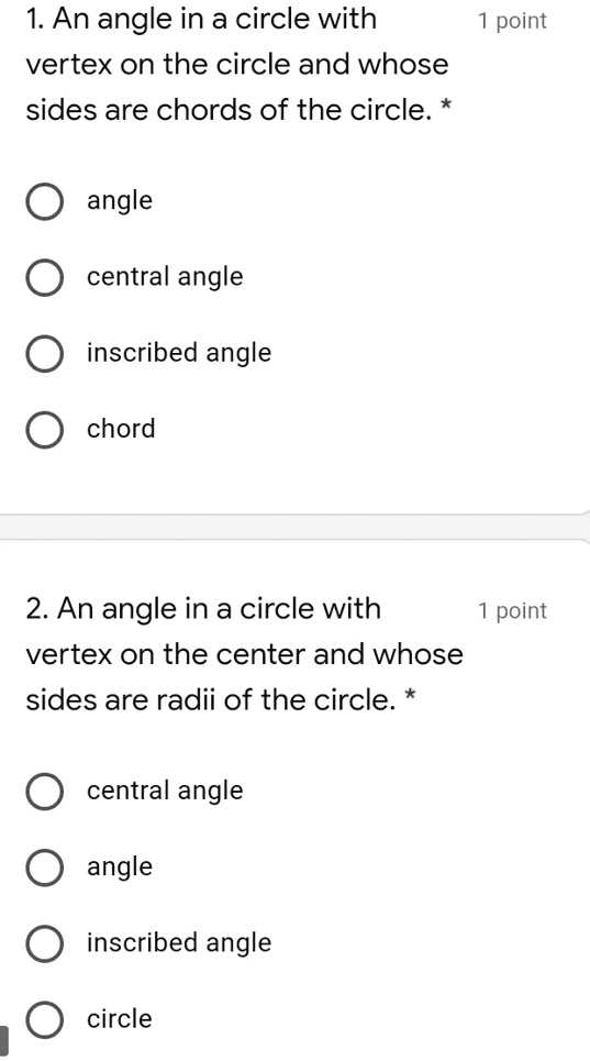 SOLVED: 1. An angle in a circle with vertex on the circle and whose sides are chords of the ...