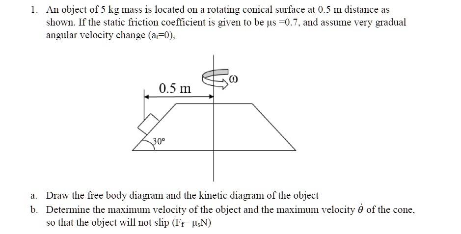 1. An object of 5 kg mass is located on a rotating conical surface at 0.5 m distance as shown ...