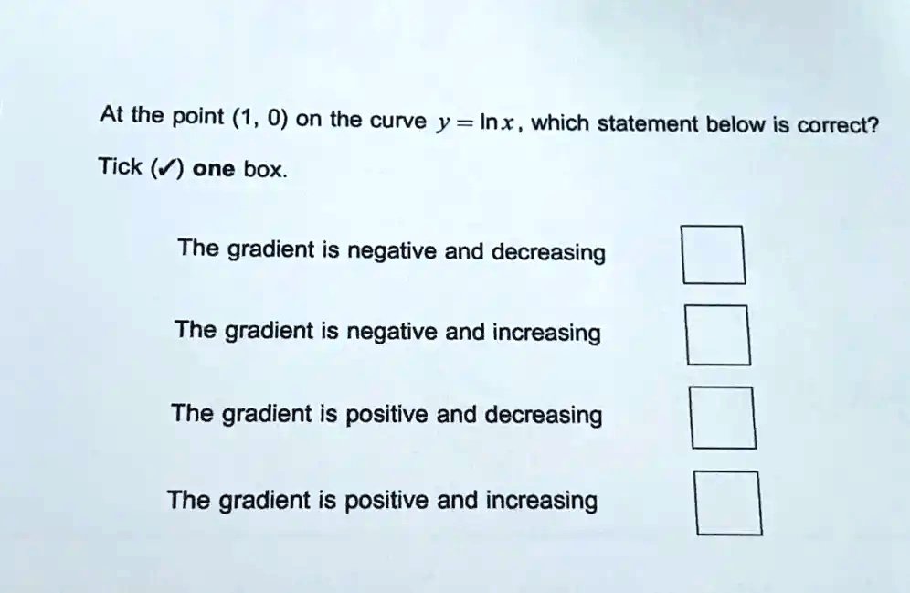 At the point (1, 0) on the curve y = ln x, which statement below is ...