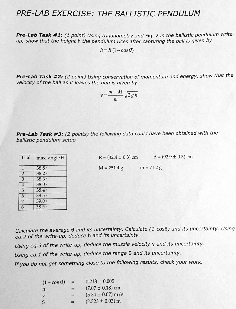 [GET ANSWER] pre lab exercise the ballistic pendulum pre lab task 1 1 ...