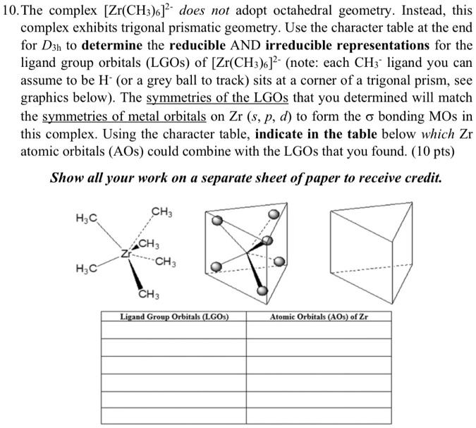 SOLVED: 10. The complex [Zr(CH3)]+ does not adopt octahedral geometry. Instead, this complex ...