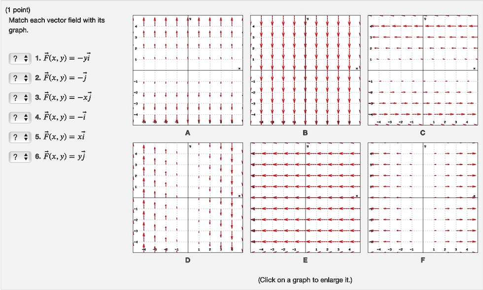 SOLVED: point) Match each vector field with its graph Fl,y) = yi Flx,y) = -] F(x,y) = -xj Flx,y ...