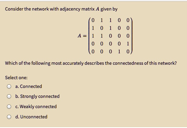 consider the network with adjacency matrix a given by which ofthe ...