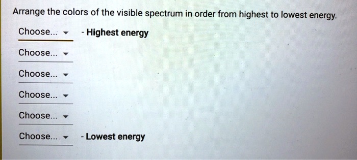 SOLVED: Arrange the colors of the visible spectrum in order from ...
