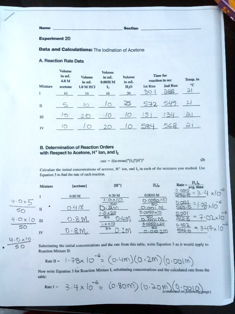name section experiment 20 data and calculations the lodination of acetone reaction rate data ...