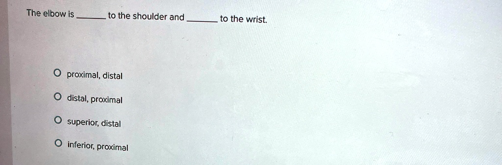 the elbow is to the shoulder and to the wrist o proximal distal o ...
