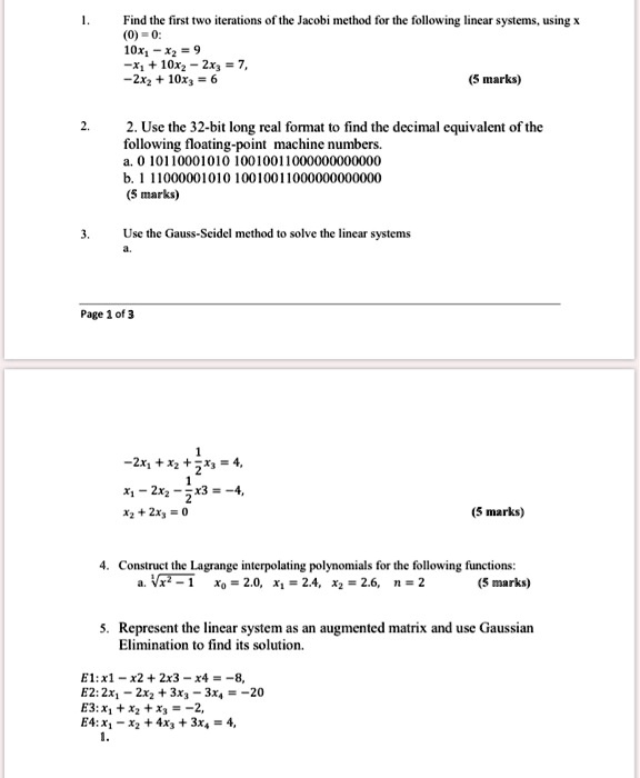 SOLVED: Find the first tWO iterations Of the Jacobi method for the ...