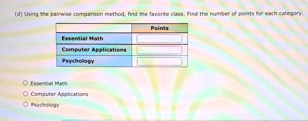 SOLVED: (d Using the pairwise comparison method, find the favorite ...