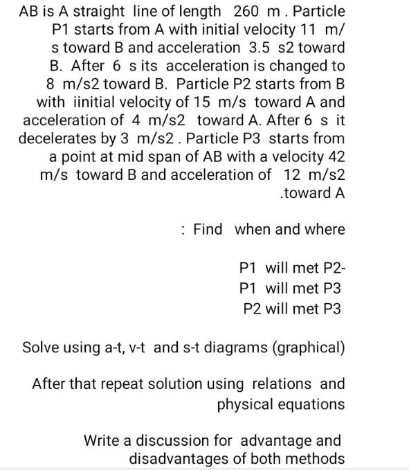 SOLVED: AB is A straight line of length 260 m.Particle P1 starts from A with initial velocity 11 ...