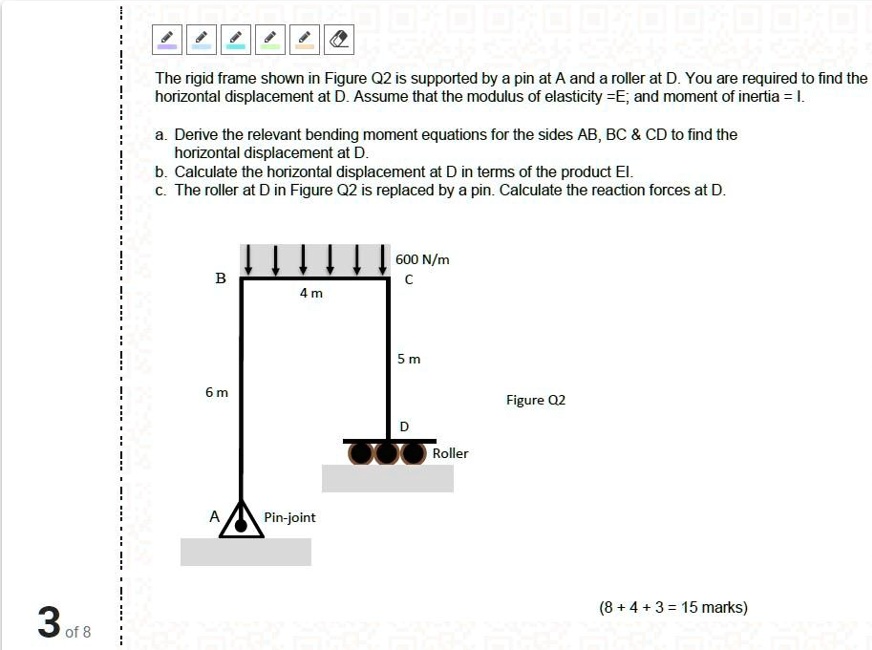 SOLVED: The rigid frame shown in Figure Q2 is supported by a pin at A and a roller at D. You are ...