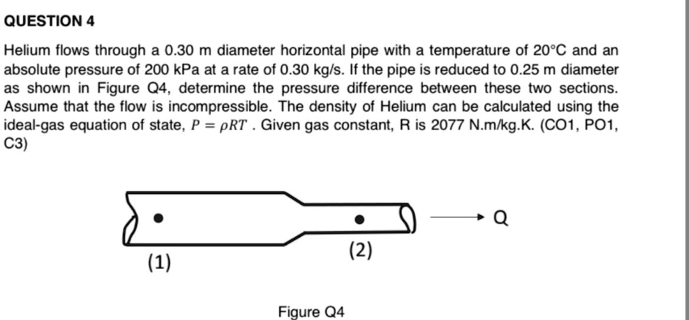 SOLVED: QUESTION 4 Helium flows through a 0.30m diameter horizontal pipe with a temperature of ...