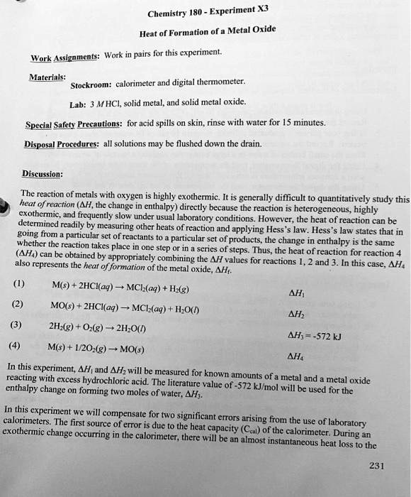 SOLVED: Chemistry 180 - Experiment X3 Heat of Formation of Metal Oxide Work Assignments: Work in ...