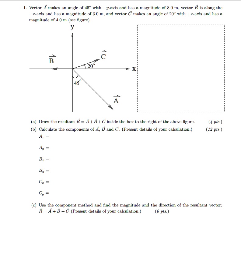SOLVED: Vector A makes an angle of 45" with -y-axis and has magnitude of 8.0 m; vector B is ...