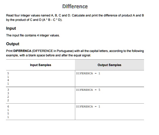 SOLVED: Text: Difference Read four integer values named A, B, C, and D. Calculate and print the ...