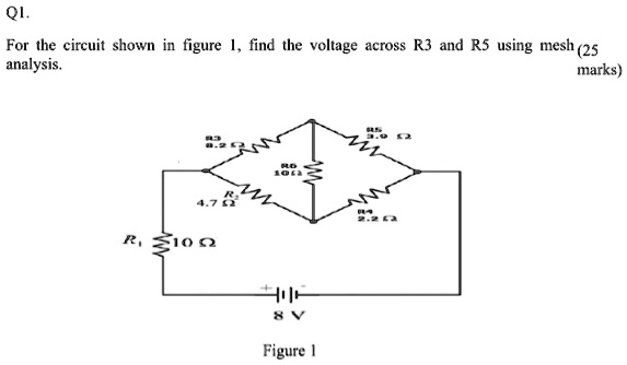 SOLVED: QI. For the circuit shown in figure 1, find the voltage across R3 and R5 using mesh (25 ...