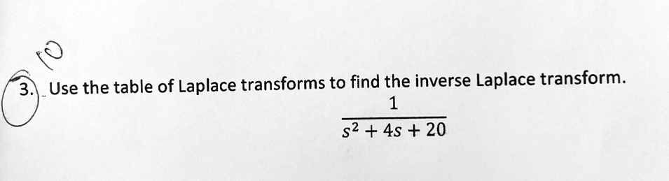 Use the table of Laplace transforms to find the inverse Laplace transform. 1 s2+ 4s + 20