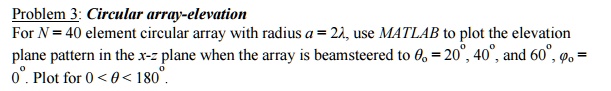 SOLVED: Problem 3: Circular Array Elevation For N = 40 element circular array with radius a = 2 ...