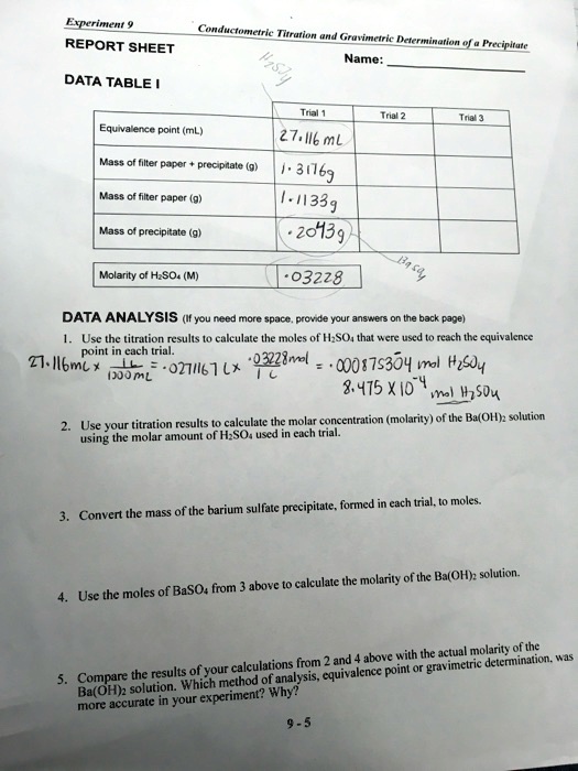 Experiment 9 REPORT SHEET Conductometric Titration and Gravimetric Determination of a ...