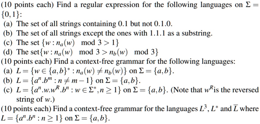 10 points each find a regular expression for the following languages on e 01 a the set of all ...