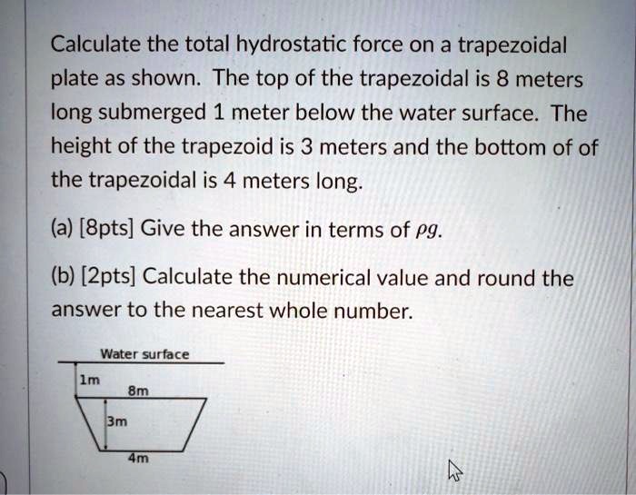SOLVED: Calculate the total hydrostatic force on a trapezoidal plate as ...
