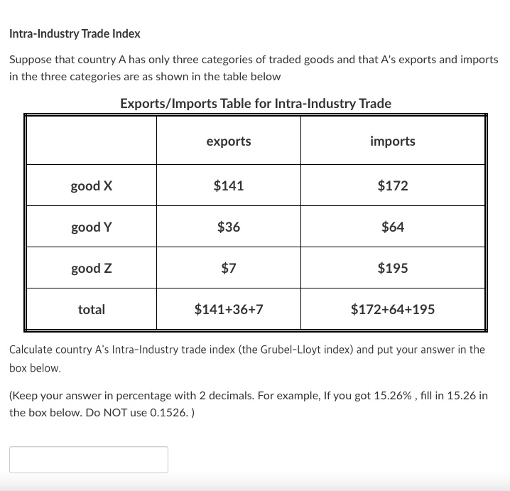 SOLVED: Intra-Industry Trade Index Suppose that country A has only ...