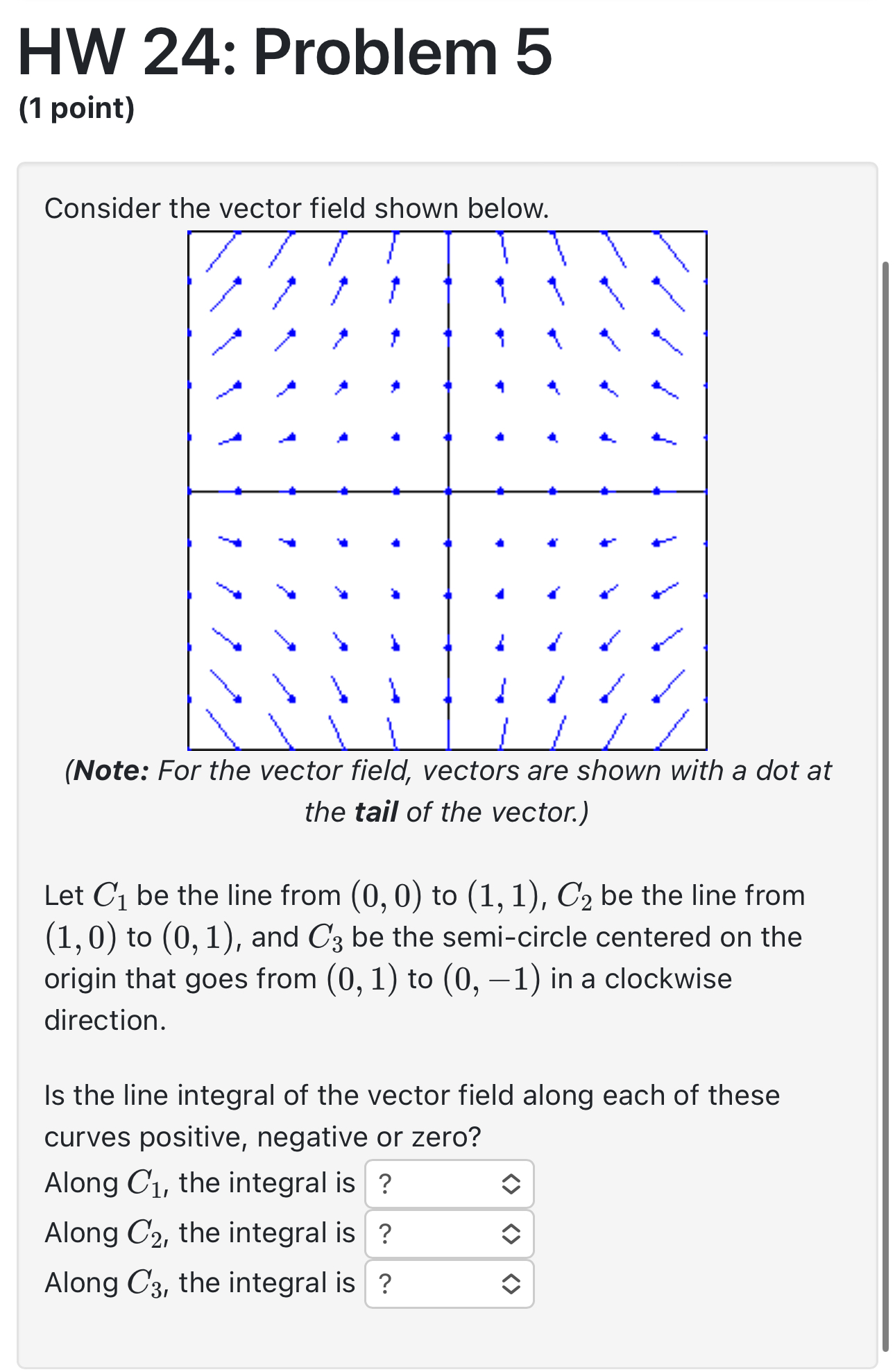 SOLVED: HW 24: Problem 5 (1 point) Consider the vector field shown below. (Note: For the vector ...