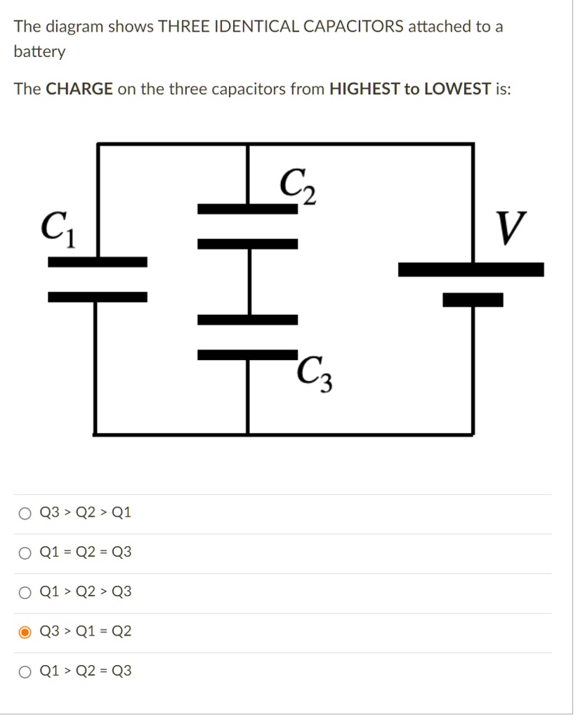 SOLVED: The diagram shows THREE IDENTICAL CAPACITORS attached to a battery The CHARGE on the ...
