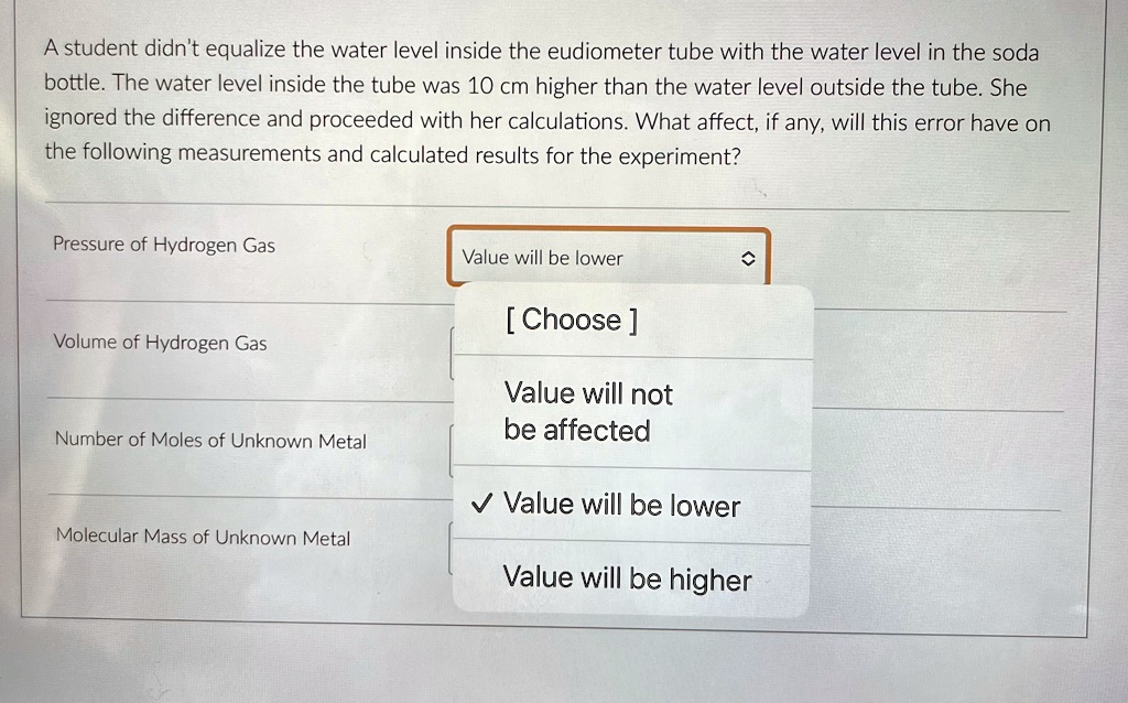 A student didn't equalize the water level inside the eudiometer tube ...