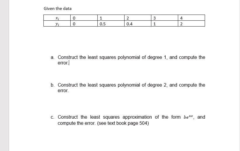 SOLVED: Given the data Construct the least squares polynomial of degree 1, and compute the error ...