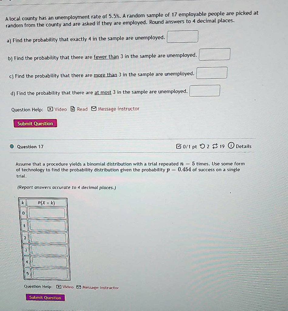 A local county has an unemployment rate of 5.5%. A random sample of 17 ...