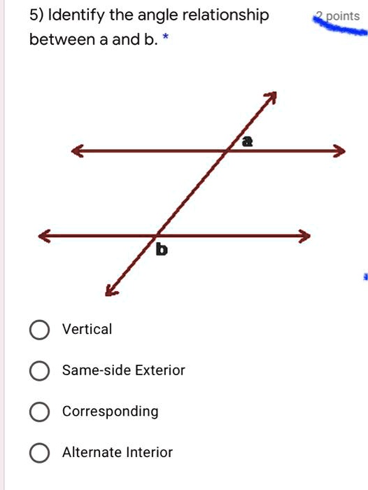 SOLVED: 5) Identify the angle relationship between a and b. points ...