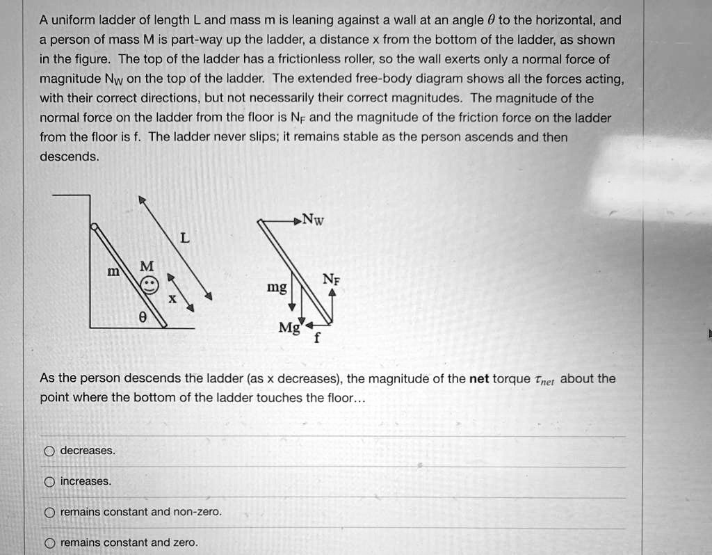 a uniform ladder of length l and mass m is leaning against a wall at an ...