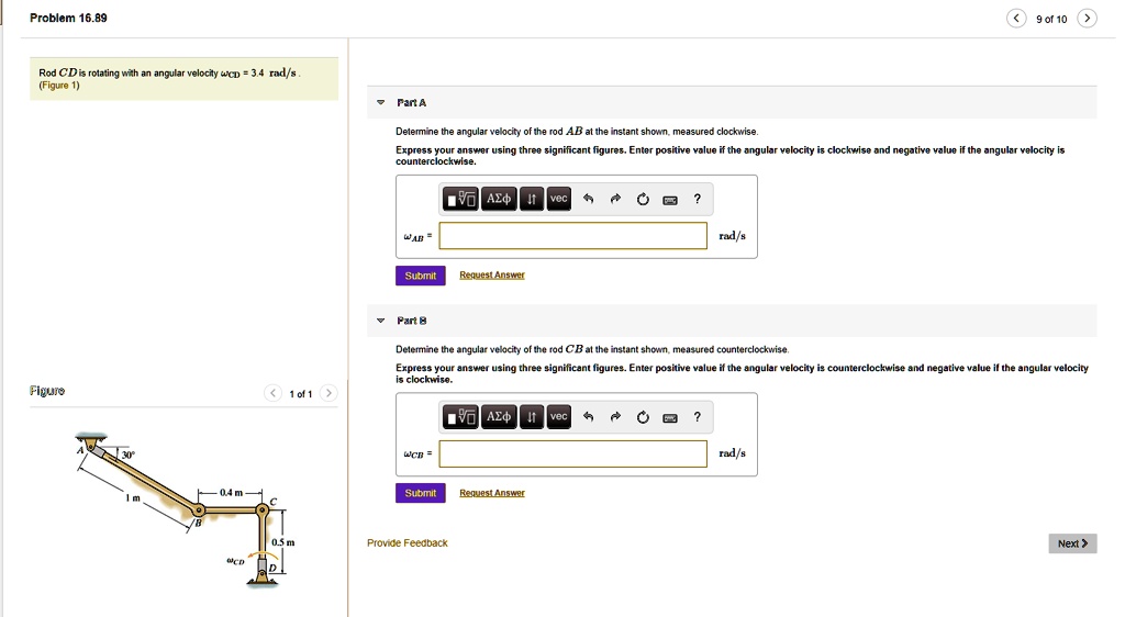 problem 1689 9of10 rod cd is rotating with an angular velocity wcd 34 rads figure 1 part a ...