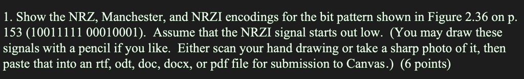SOLVED: Show the NRZ, Manchester, and NRZI encodings for the bit ... SOLVED: Show the NRZ, Manchester, and NRZI encodings for the bit ...