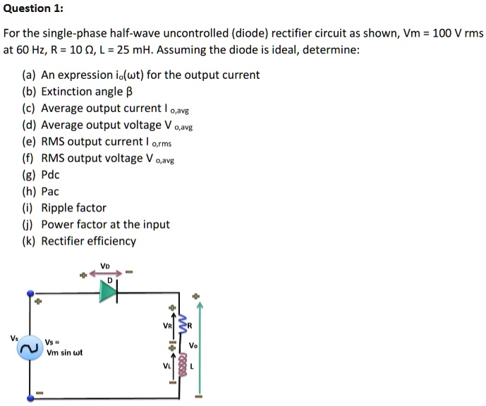 SOLVED: For the single-phase half-wave uncontrolled (diode) rectifier circuit as shown, Vm = 100 ...