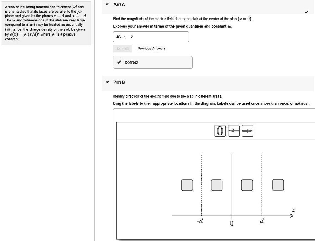 A slab of insulating material has thickness 2d and is oriented so that ...