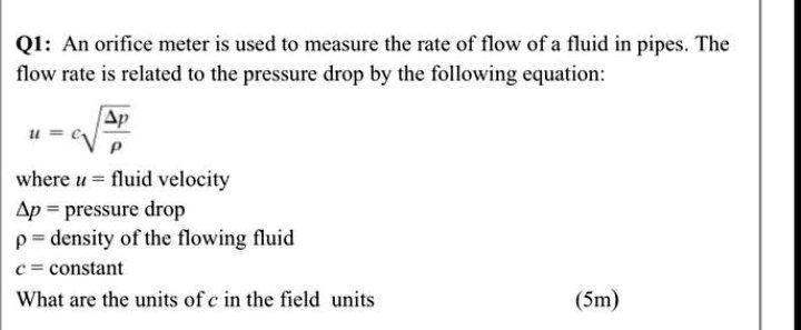 SOLVED: An orifice meter is used to measure the rate of flow of a fluid ...