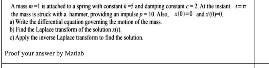 A mass m = 1 is attached to a spring with constant k = 5 and damping ...
