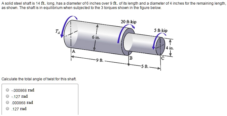 A solid steel shaft is 14 ft. long, has a diameter of 6 inches over 9 ...