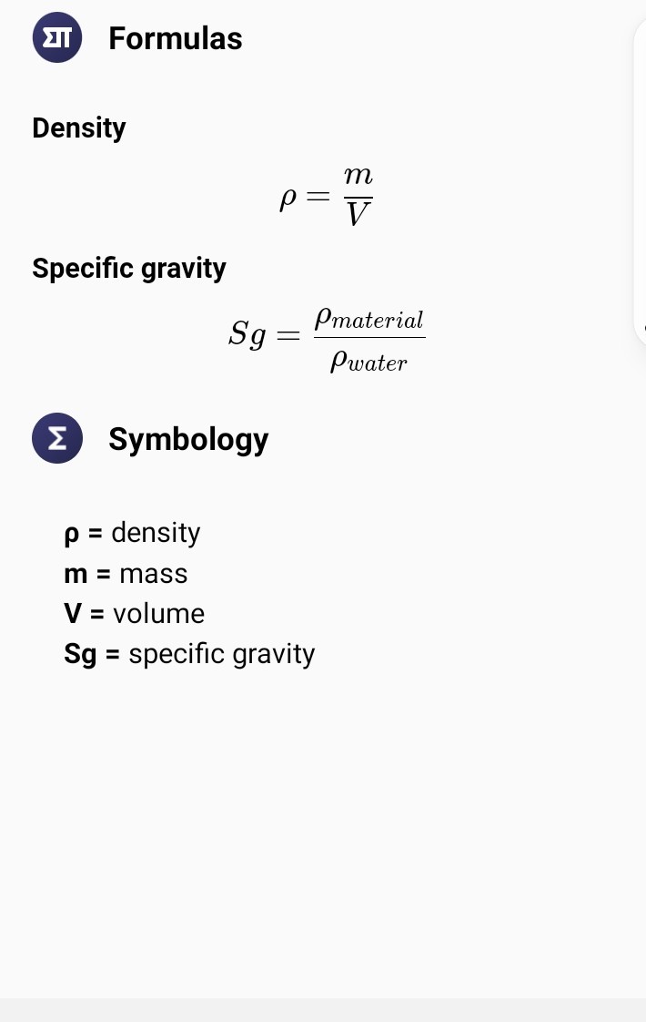 SOLVED: (1I) Formulas Density ρ=(m)/(V) Specific gravity S g=(ρmaterial ...