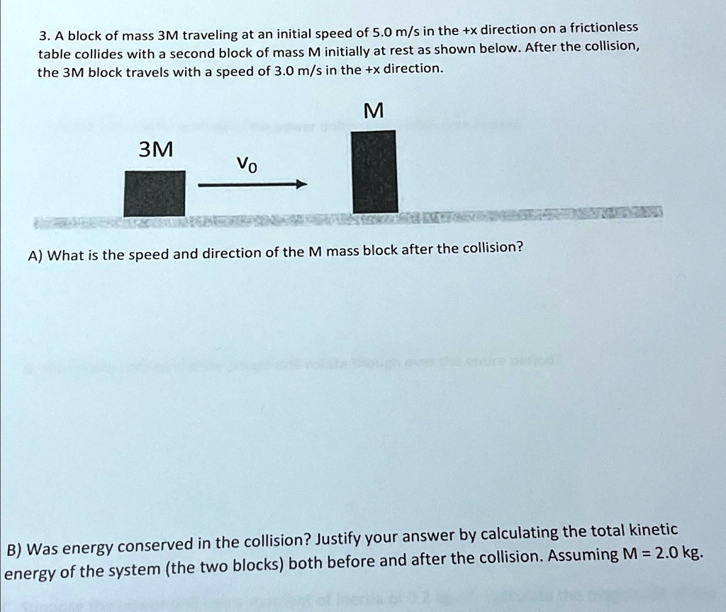 SOLVED: A block of mass 3M traveling at an initial speed of 5.0(m)/(s) in the +x direction on a ...