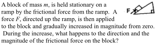 a block of mass m is held stationary 0n a ramp by the frictional force ...